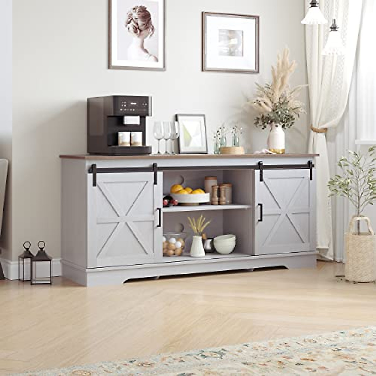 YITAHOME Kitchen Buffet Cabinet, 60“ Farmhouse Sliding Barn Door Coffee Bar Sideboard Buffet Cabinet with Capacity 300 lbs for Home Kitchen Dinning Living Room, Grey White/Grey Wash