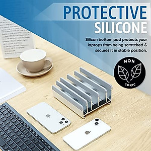 Elestoria Multiple Laptop Holder Vertical – Adjustable Laptop Vertical Stand Holds 5 Devices, Fits All MacBooks Laptops Tablets and Mobiles (up to 17.3”). Closed Upright Vertical Laptop Stand for Desk