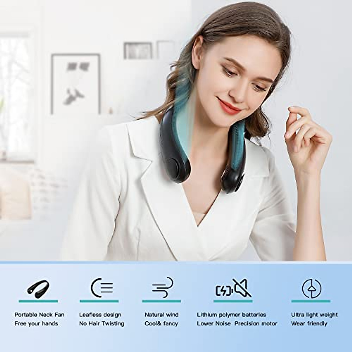 Personal fans 4000mAh remarkable goodz cool blades neck fan 360°Surround Wind blast personal fan USB rechargeable lazy fan head fan 62 air outlets Gifts Outdoor Sports construction worker Black