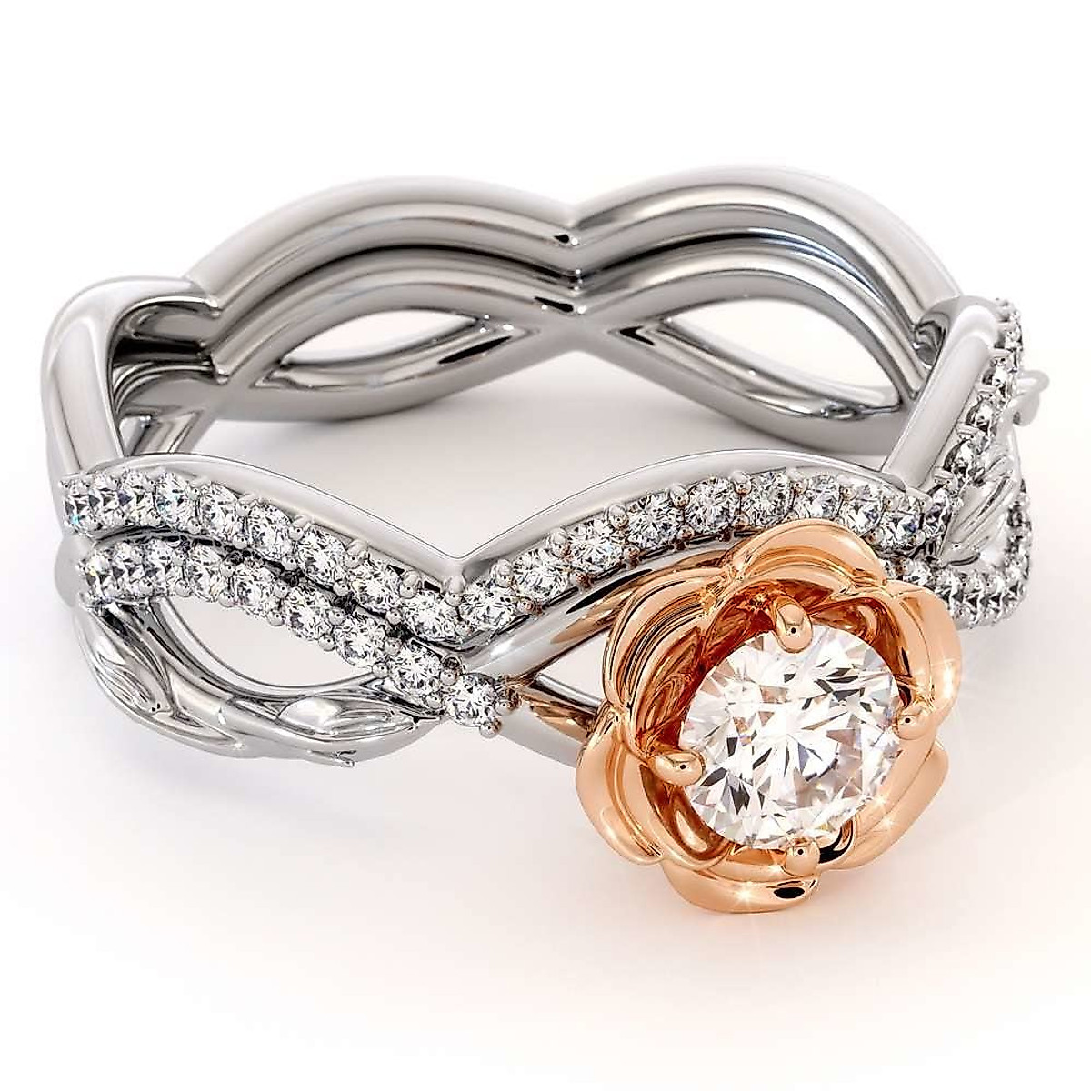 1.8 Ct Round Cut White Diamonds Flower Leaf Twisted Band Two Tone Bridal Wedding Ring Set, 925 Sterling Silver Rhodium Plated (7, Two Tone Finish)