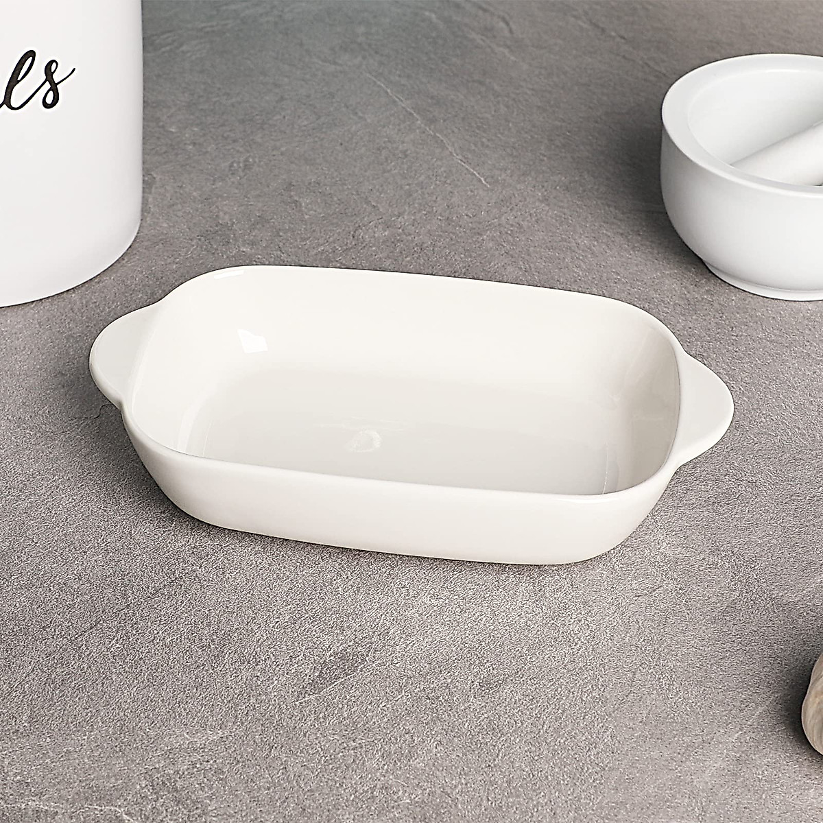 LEETOYI Ceramic Small Baking Dish 7.5-Inch Set of 4, Rectangular Bakeware with Double Handle, Baking Pans for Cooking and Cake Dinner (White)