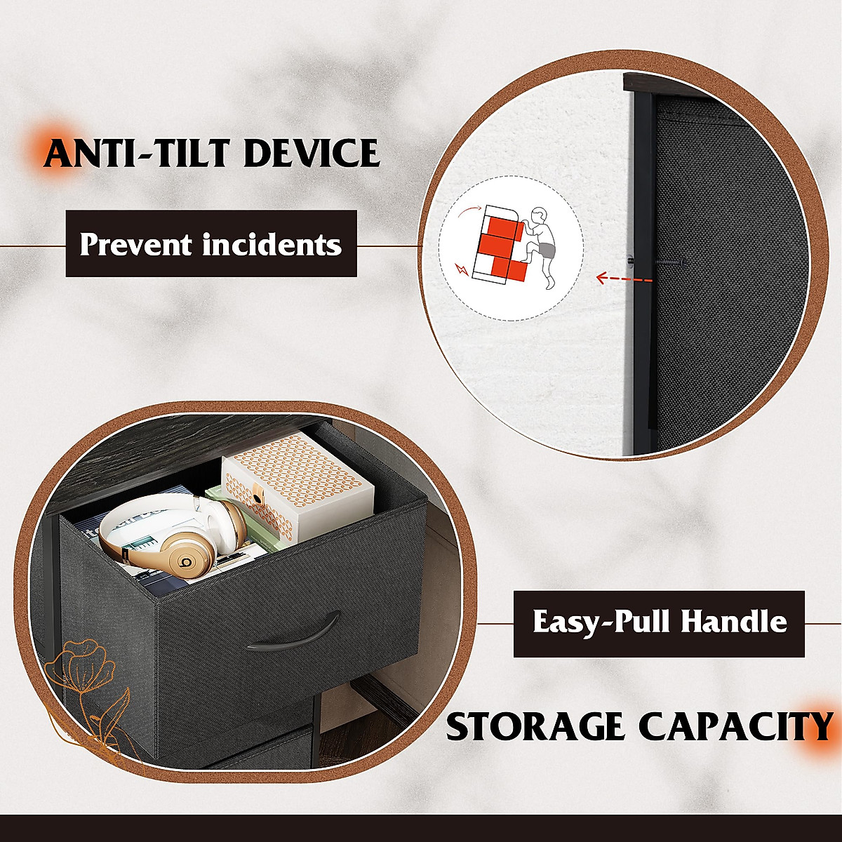 WLIVE Dresser with 3 Drawers, Fabric Nightstand, Organizer Unit, Storage Dresser for Bedroom, Hallway, Entryway, Closets, Sturdy Steel Frame, Wood Top, Easy Pull Handle, Charcoal Black