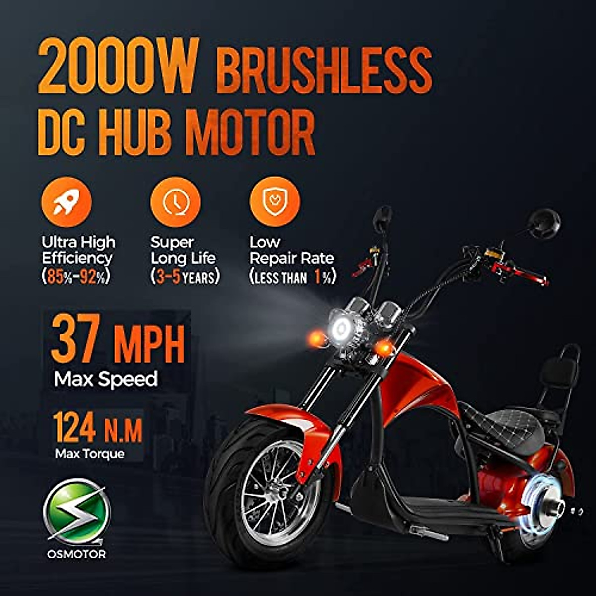 eAhora DOT Approved M1 2 Seat 2000W 37Mph Electric Motorcycle for Adults, 40 Miles 60V 30ah Lithium Battery, Street Legal 2 Person Electric Mopeds for Adults, Dual Hydraulic Brake for Urban Commuting