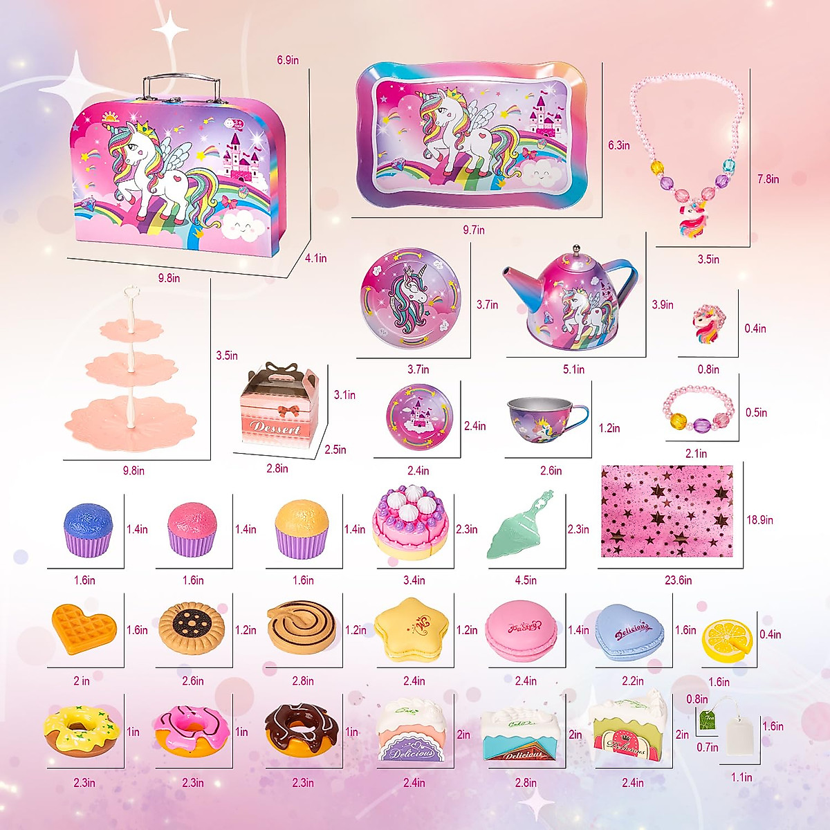 Unicorn Tea Party Set for Little Girls, Toddlers Princess Toy Tea Set, Pretend Play Teapot Dessert Tea Cup Set Food Kitchen Playset, Birthday Unicorn Gifts for 3 4 5 6 7 8 Year Old Girls