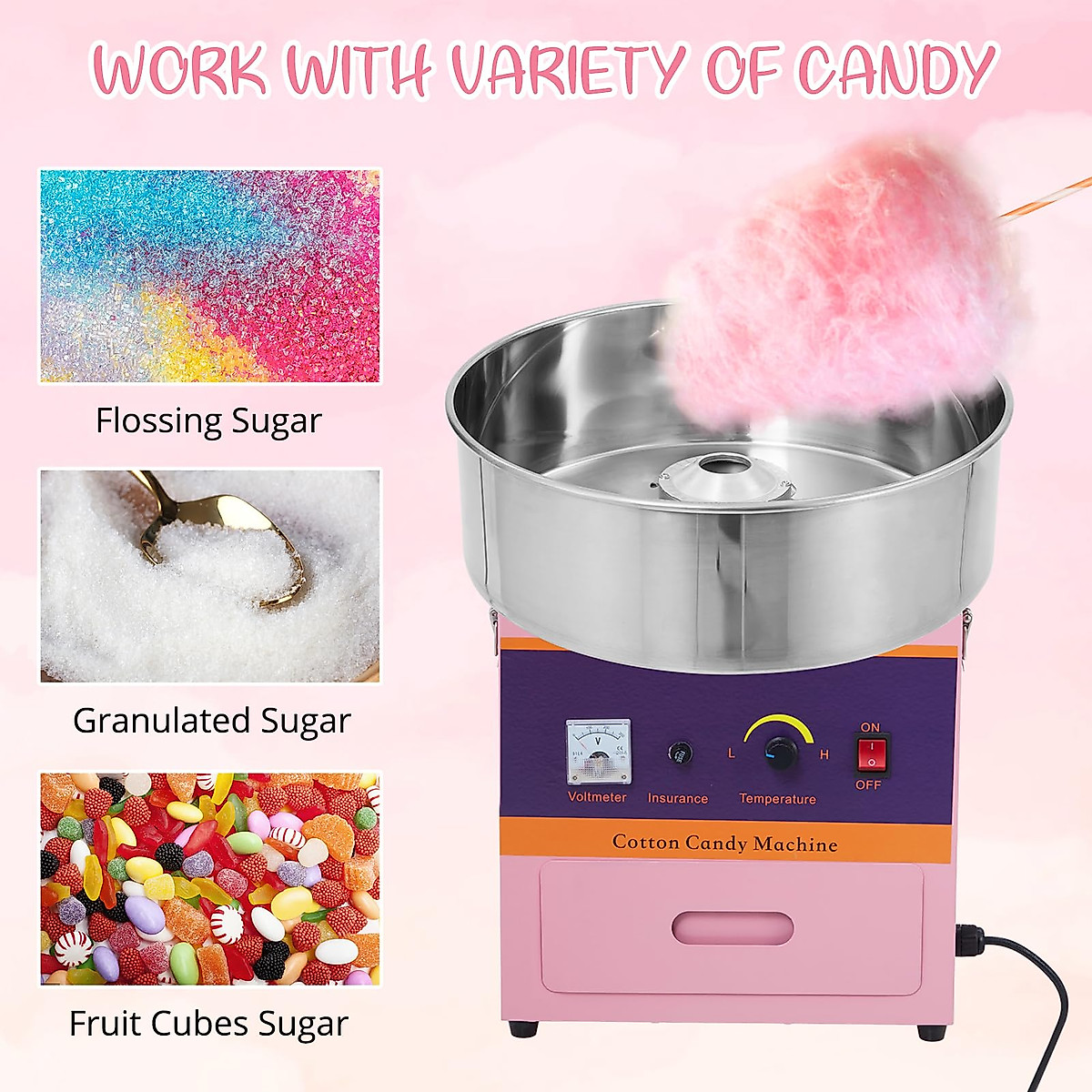 Garvee Commercial Cotton Candy Machine, 1000W Cotton Candy Maker with Stainless Steel Bowl, Sugar Scoop and Large Storage Drawer, Perfect for Home Party, Kids Birthday, Carnival, Pink