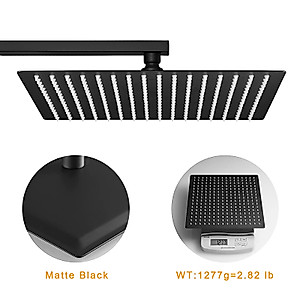 BESy 12 Inch Rain Shower Head, 12" Square Rainfall & High Pressure Stainless Steel Bath Showerhead, 1/16" Ultra Thin, Waterfall Full Body Coverage with Silicone Nozzle, Matte Black Finish