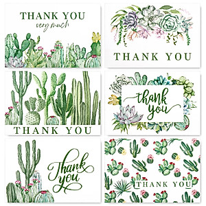 AnyDesign Cactus Thank You Cards 36 Pack Watercolor Succulent Note Cards with Matching Seal Stickers Envelopes Greenery Greeting Blank Cards for Birthday Baby Shower Wedding Bridal Party, 4 x 6