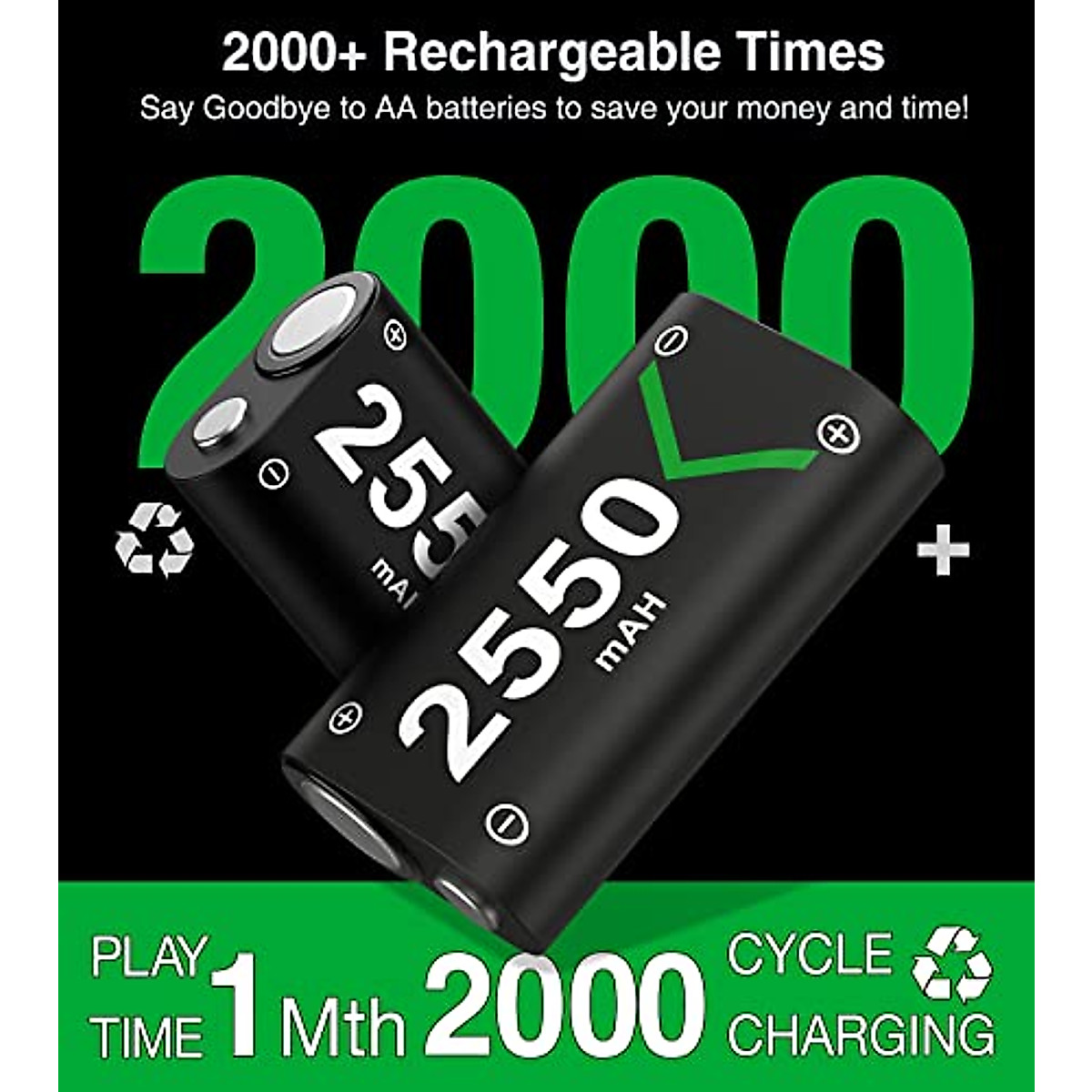 Rechargeable Battery Pack for Xbox One/Xbox Series X|S, Controller Battery Pack for Xbox Series X|S/Xbox One/Xbox One S/Xbox One X/One Elite Controller w/ 2x2550mAh Xbox Controller Battery Pack Green