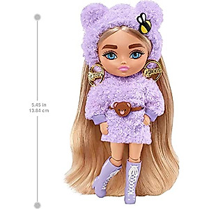 Barbie Extra Minis Doll #4 (5.5 in) Wearing Fluffy Purple Fashion, with Doll Stand & Accessories Including Teddy Ears and Sunglasses, Gift for Kids 3 Years Old & Up​