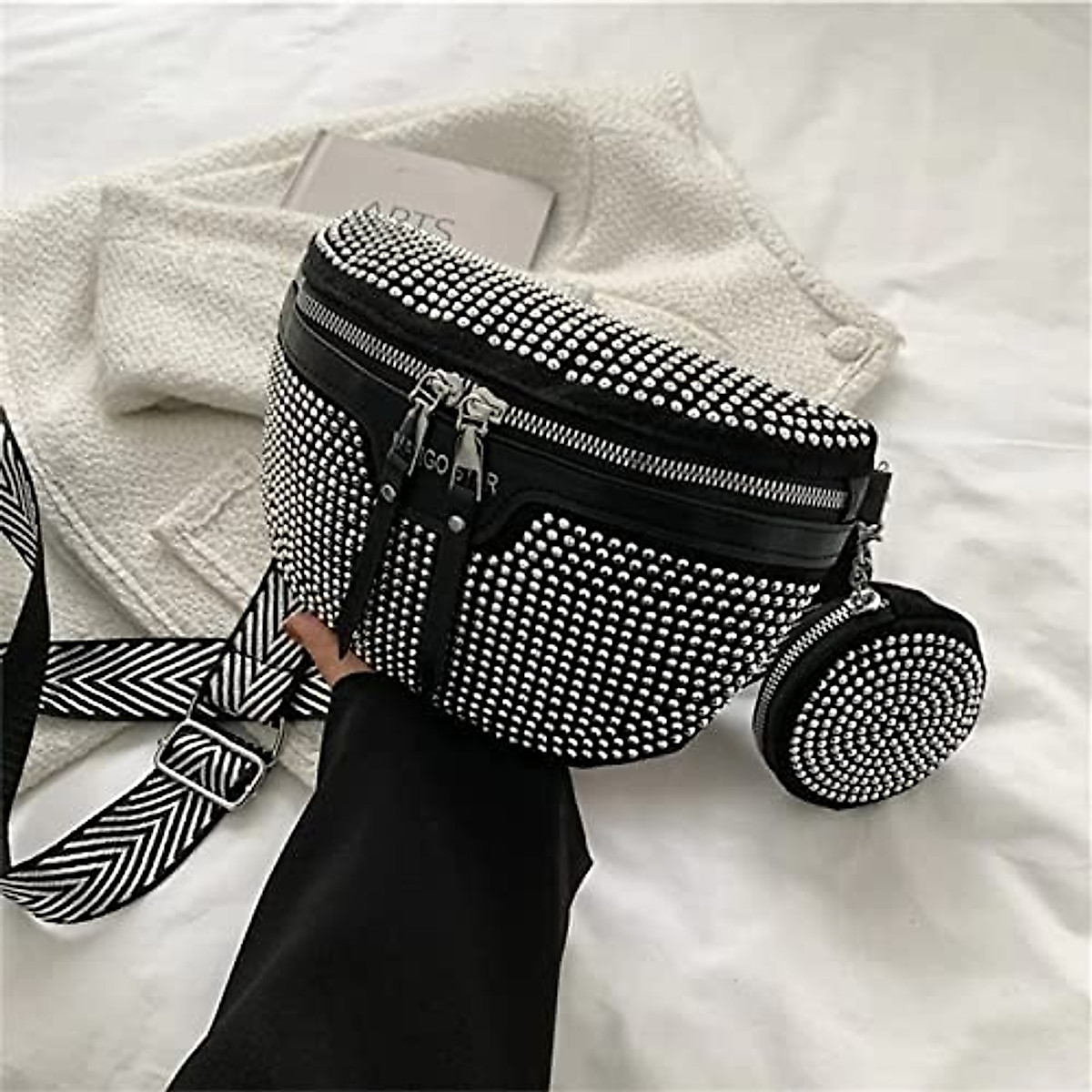 Fashion Rhinestone PU Leather Waist Bag,Sparkle Evening Handbag Crossbody Bags Bling Shoulder Bags,Rhinestone Purse for Women (Silver)