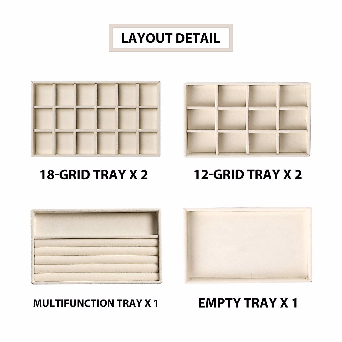 Frebeauty Jewelry Organizer Tray,Stackable Velvet Jewelry Trays,Drawer Inserts Earring Organizer For Women Jewelry Storage Display Case for Rings Stud Necklaces,Set of 6(Beige)