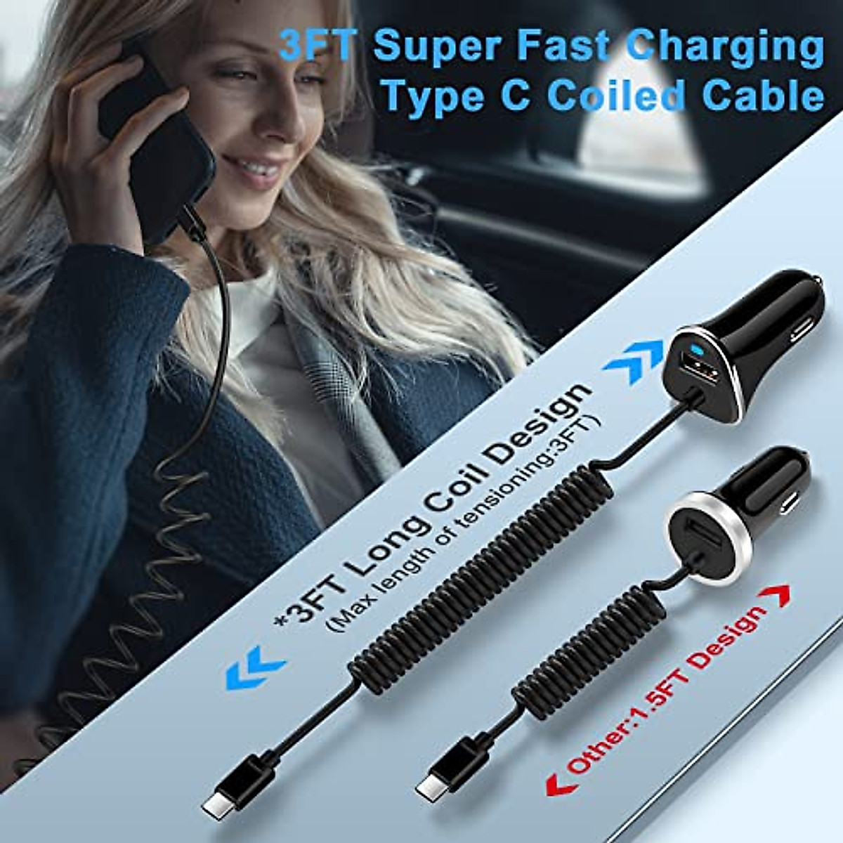 Fast Car Charger Pixel 7 Type C Car Plug Android USB C Cigarette Lighter Car Adapter Fast Charging C Coiled Cable for Samsung Galaxy A14 5G/S23/A54/A34/A23/Z Fold 4/A13/S21 FE/A53/A03s,Pixel 7 Pro/6a