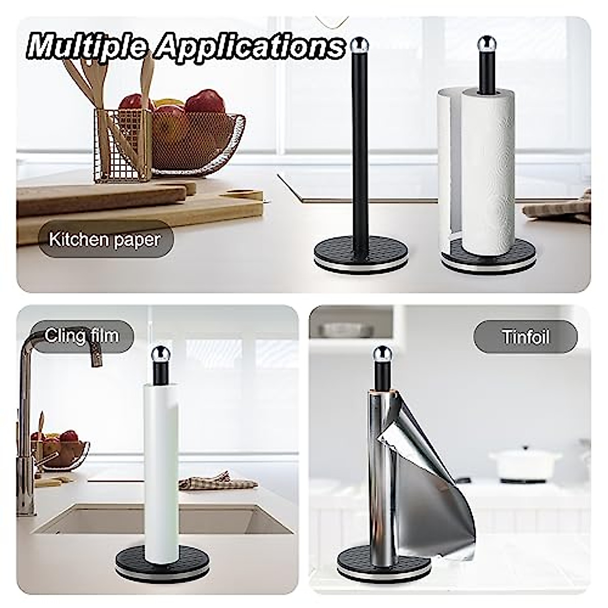 Dxlac 2 Pack Standing Paper Towel Holder, Black Kitchen Countertop Stand for Standard and Large Size Rolls - Ideal for Bathroom and Kitchen Organization and Storage