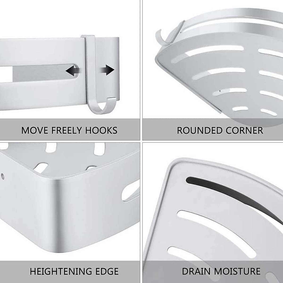 ATEMA 2 Pack Corner Shower Caddy,with Hooks No Drilling Adhesive Shower Storage Rack Shelf,Shampoo Razor Holder Organizer,Rustproof Aluminum Wall Mounted Shower Caddies for Bathroo/Kitchen/Dorm/Toilet