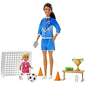 Barbie Soccer Coach Playset with Brunette Soccer Coach Doll, Student Doll and Accessories: Soccer Ball, Clipboard, Goal Net, Cones, Bench and More for Ages 3 and Up, Multi