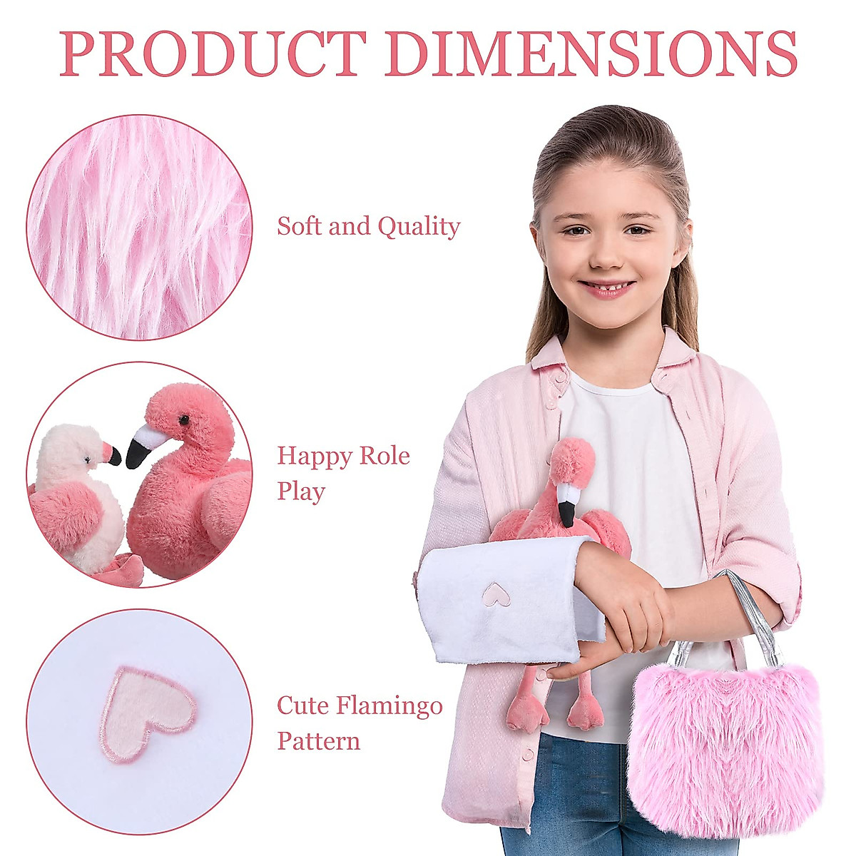Kathfly 4 Pcs Pink Stuffed Flamingo Toy for Women Girls Gifts Mommy and Baby Flamingo Toy, Furry Bag and Doll Blanket, Cute Plush Flamingo Animal Set for Little Girl Birthday Party Favors