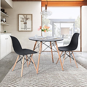 FurnitureR 31.5 Inch Modern Round Dining Table with Wooden Legs for Home Kitchen Living Room Corner Small Spaces Leisure, Black