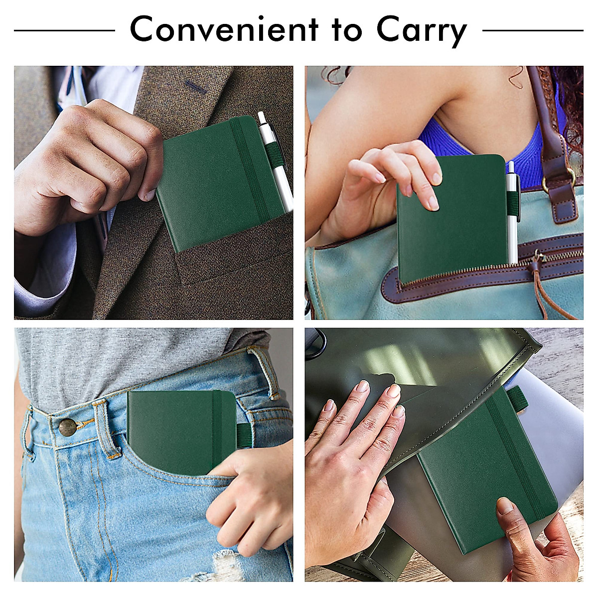 feela 3 Pack Pocket Notebook Journals with 3 Black Pens, A6 Mini Cute Small Journal Notebook Bulk Hardcover College Ruled Notepad with Pen Holder for Office School Supplies, 3.5”x 5.5”, Dark Green