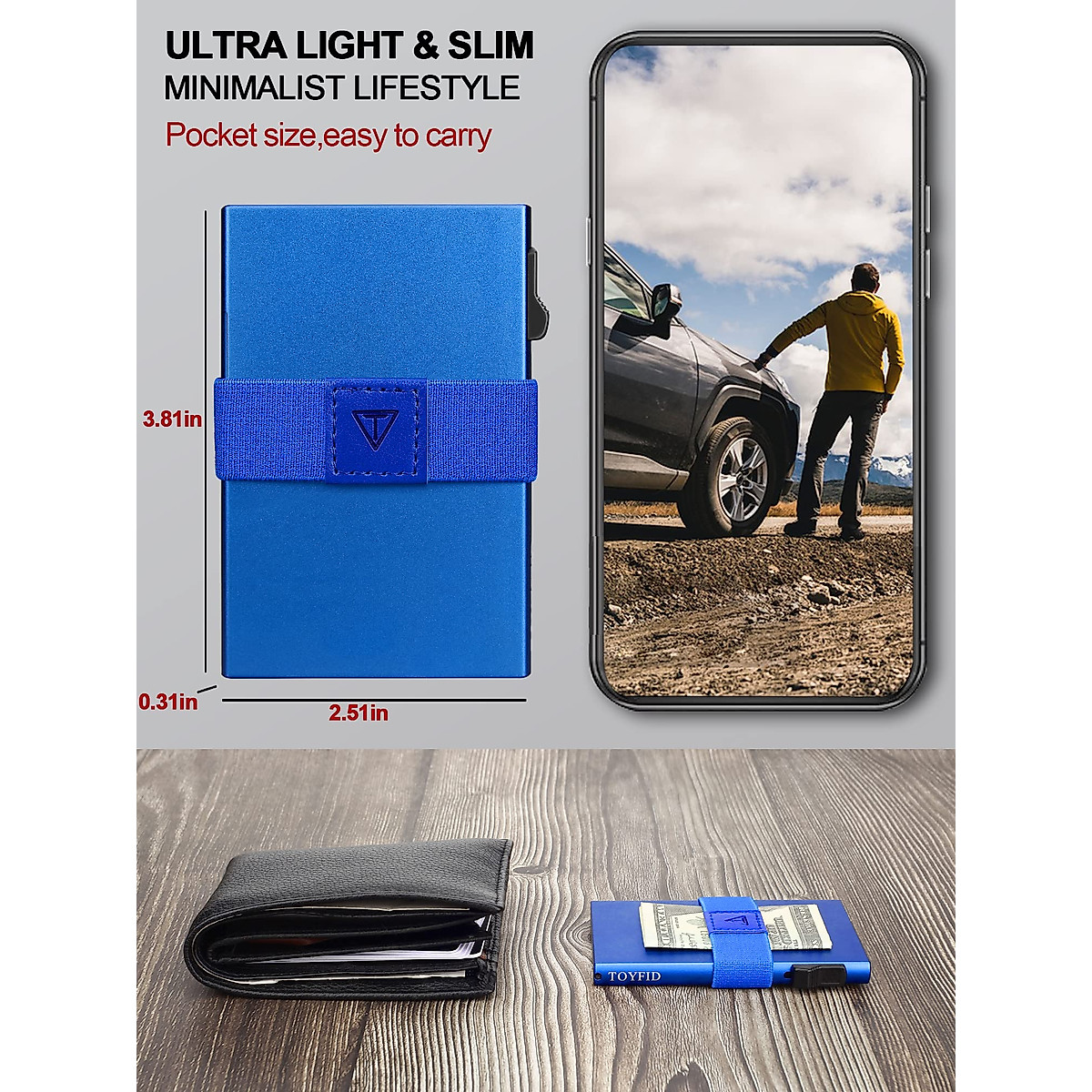 TOYFID Minimalist Wallet for Men - Pop Up Credit Card Wallet for Men,Men's Slim Wallet,Metal Wallet for Mens,Credit Card Holder,Ultralight Cards Wallet,RFID Blocking Protection,Band for Cash, Blue