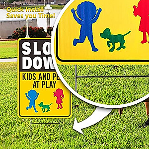 Slow Down Signs 2 Pack 17.8"x12" Slow Down Kids At Play Sign, Double Sided Slow Down Kids and Pets at Play Yard Signs With Metal Stakes, Weatherproof, 900g/m² Superhard Corrugated Plastic