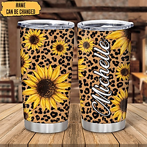 Hyturtle Personalized Gifts For Sunflower Lover - Sunflower Leopard Prints Custom Name Stainless Steel Tumbler 20oz With Lid - Idea Floral Lover Gifts For Women Girl On Birthday, Christmas
