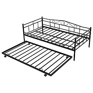 Twin Daybed with Trundle Metal Day Bed Frame with Pullout Trundle, Heavy-Duty Daybed for Living Room Bedroom Kids Teens and Adults, Black