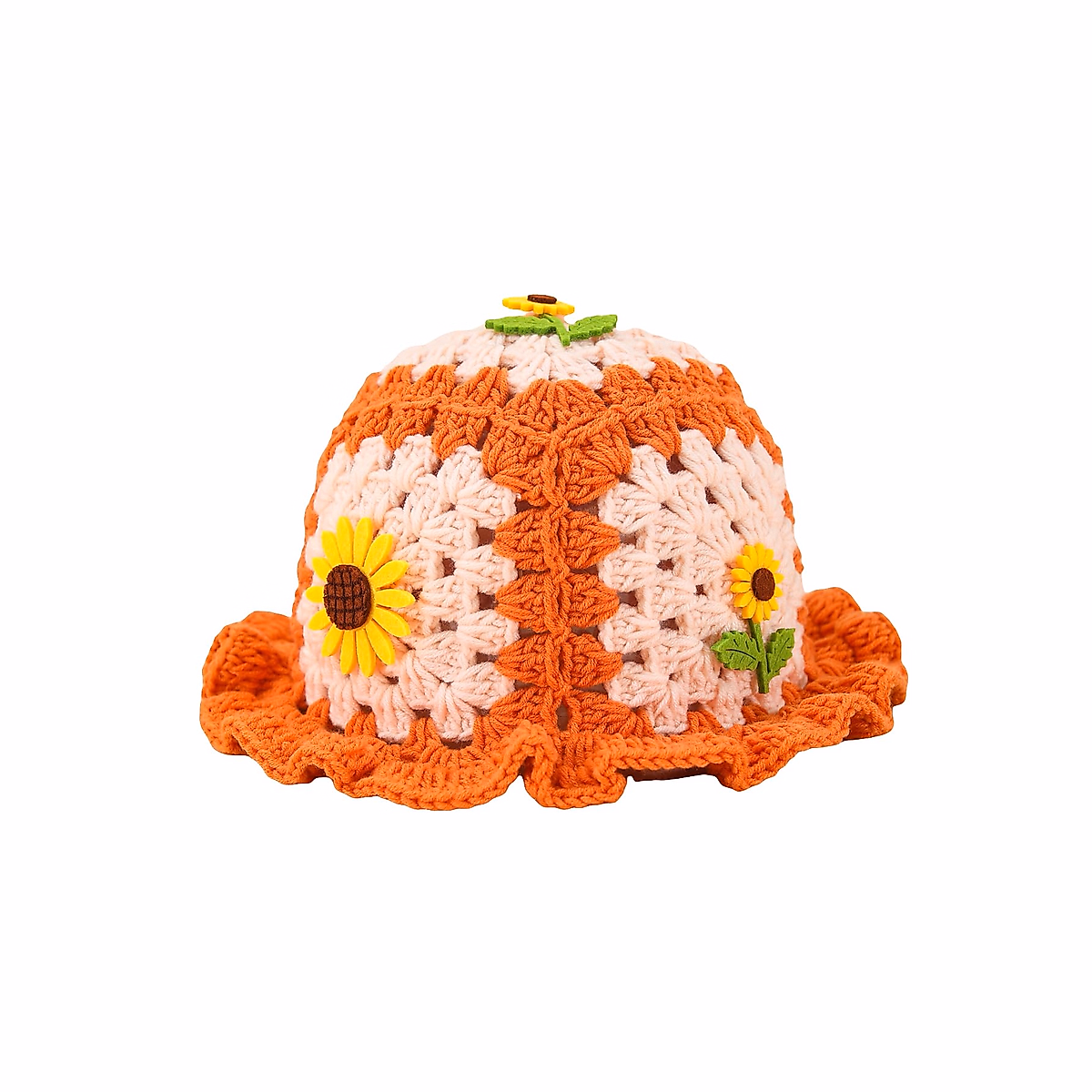 Verdusa Women's Floral Applique Crochet Bucket Hats Knit Caps Orange one-Size
