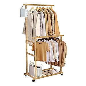 MOUTIK Wood Rolling Clothes Hanging Rack: Heavy Duty Double Rods Clothing Garment Racks - Bamboo Coat Hanger Organizer on Lockable Wheels with Shoes Shelf for Storage Display
