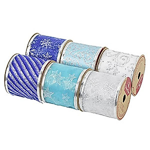 AIMUDI Blue and Silver Christmas Ribbon Wired 2.5" Ice Blue Christmas Tree Ribbon Garland 6 Rolls 36 Yards Turquoise Blue Ribbon for Christmas Tree Topper Bows, Crafts, Gift Wrapping, Wreaths