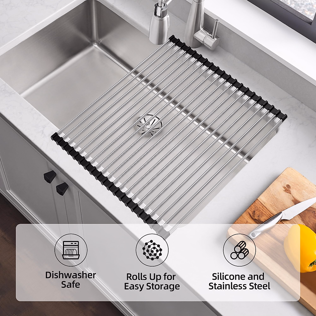 NEZUIBAN Dish Drying Rack with Roll Up and Over Sink for Kitchen,17.2"x11.8",Black