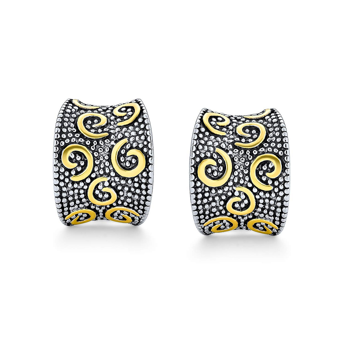 Bali Style Swirl Two Tone Wide Concave Half Hoop Clip On Earrings Non Pierced Ears Black Sliver Gold Plated Brass