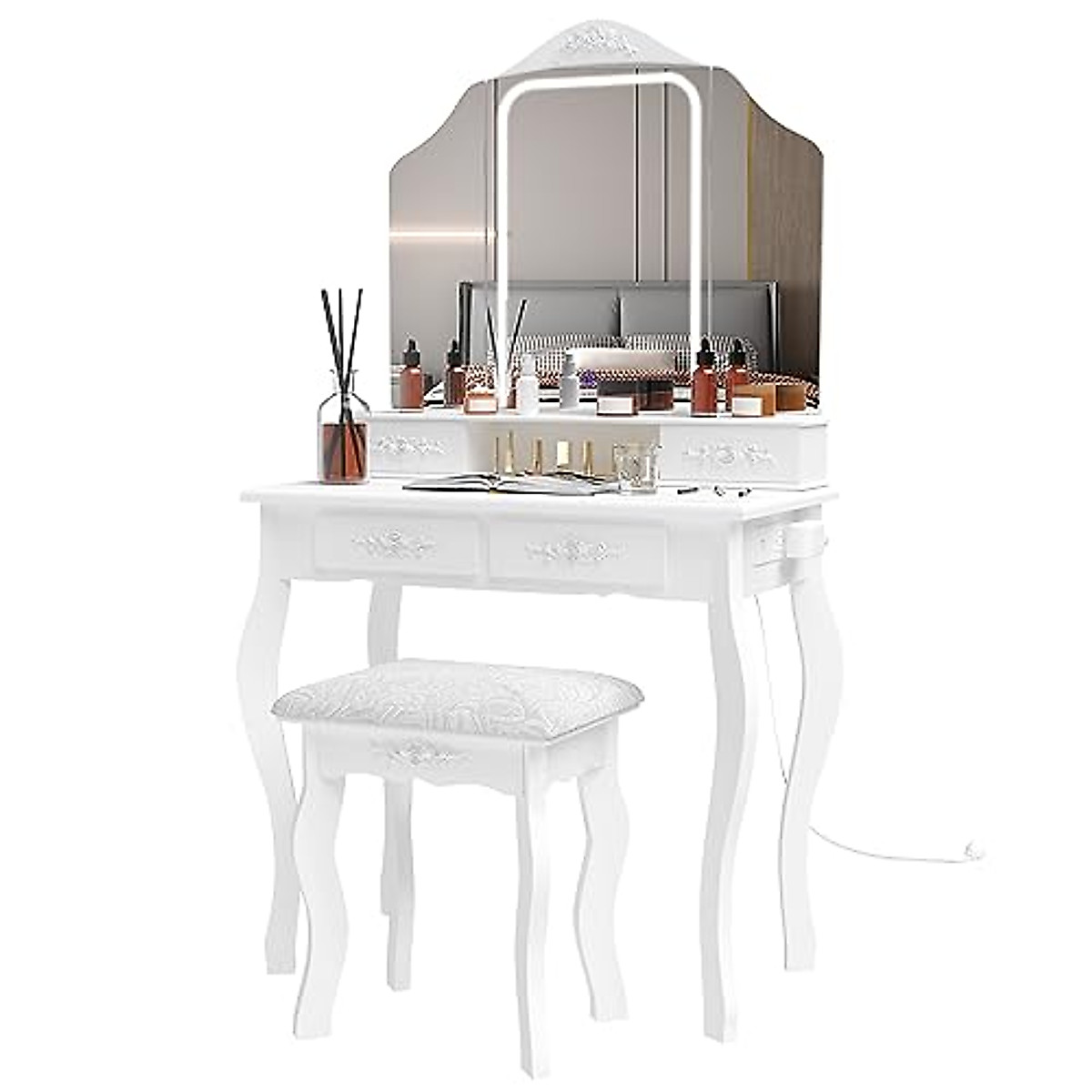 JIFULI Modern Vanity Table Set with Lighted Mirror & Power Outlet, Makeup Table with 4 Drawer, Embedded Lights Dressing Vanity Table with Cushioned Stool for Bedroom, White