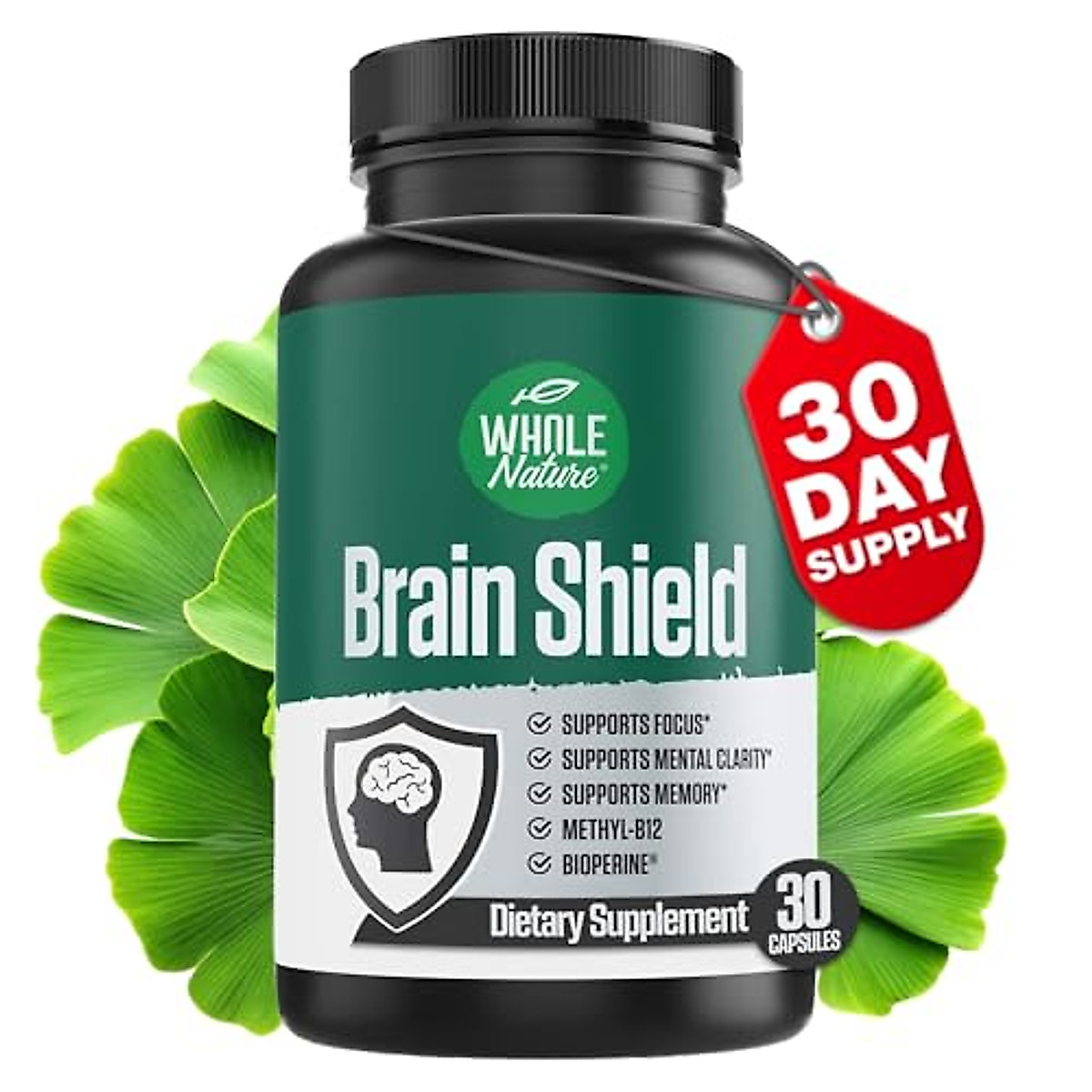 Whole Nature Brain Booster Nootropics - Brain Shield with Ginkgo Biloba, Alpha GPC and Bacopa Monnieri, Vitamin B12, B3 - Support Focus, Memory & Clarity, Energy & Stress Relief. (1)
