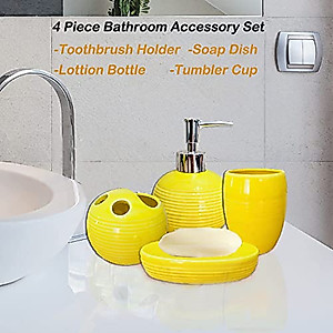 AONUOWE Bathroom Accessories Set 4PCS, Bathroom Decor Ceramic Accessories Sets Complete with Soap Dispenser, Toothbrush Holder, Tumbler, Soap Dish(Yellow)