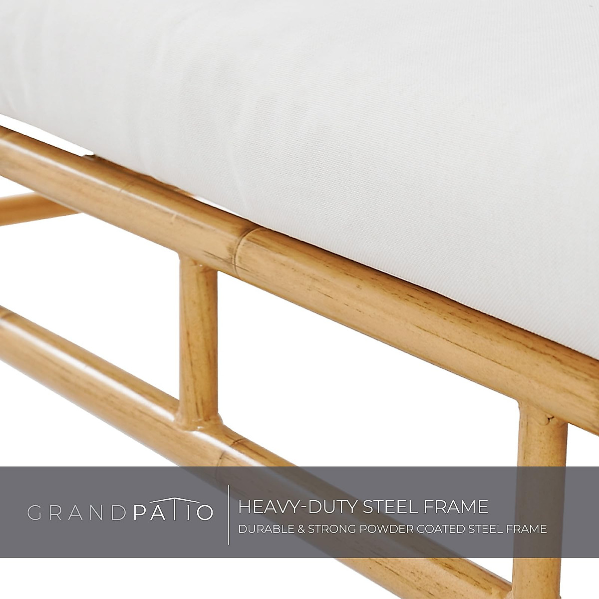 Grand patio Outdoor Loveseat with Canopy, Metal Patio Loveseat Sofa with Thick Cushion, Tropical-style Patio Furniture Featuring Imitation Bamboo Finish, White