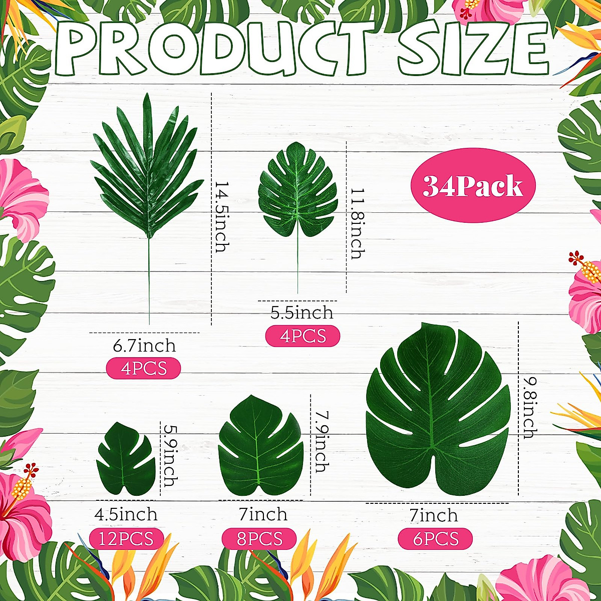 40 Pcs Large Paper Flowers and Artificial Tropical Leaves, 24''/12'' Jumbo 3D Chroma Paper Flowers Faux Leaves for Safari Jungle Hawaiian Luau Party Birthday Wedding BBQ Table Decor (Palm Leaf)