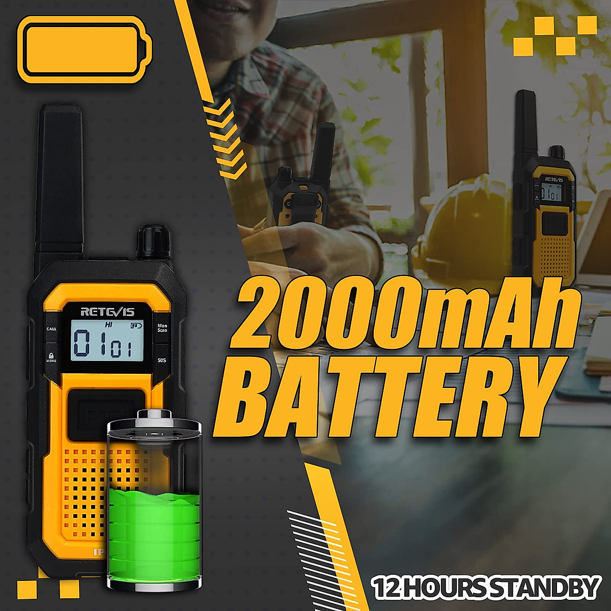 Retevis RB48 Heavy Duty Two Way Radio,Waterproof Walkie Talkies,Shock-Resistant,2000mAh,Vibration Call,Emergency Alarm,NOAA,Hands-Free,Durable 2 Way Radio for Job Site (6 Pack)