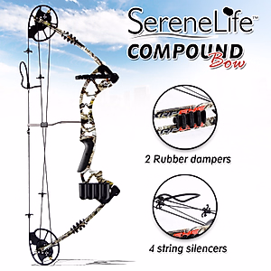 SereneLife Sharp Eye Camouflage Compound Bow-320 FPS Hunting Camo Archery Gear-Fiberglass Limb,Metal Riser,4 String Silencers,30-70lbs Adjustable Draw Weight,23.5”-30.5” Length SLCOMB10.5
