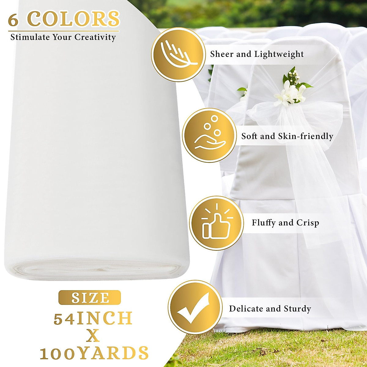 Timgle Tulle Fabric Rolls Bulk 54 Inch by 100 Yards (300 Ft) Tulle Ribbon Netting Fabric Spool Bolt for DIY Crafts Tutu Skirt Christmas Baby Shower Birthday Party Wedding Decorations(White)