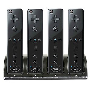 Wii Remote Controller Charger, 4 in 1 Wii Charging Dock Station with 4PCS 2800mAh Rechargeable Batteries for Wii/Wii U Controller-Black