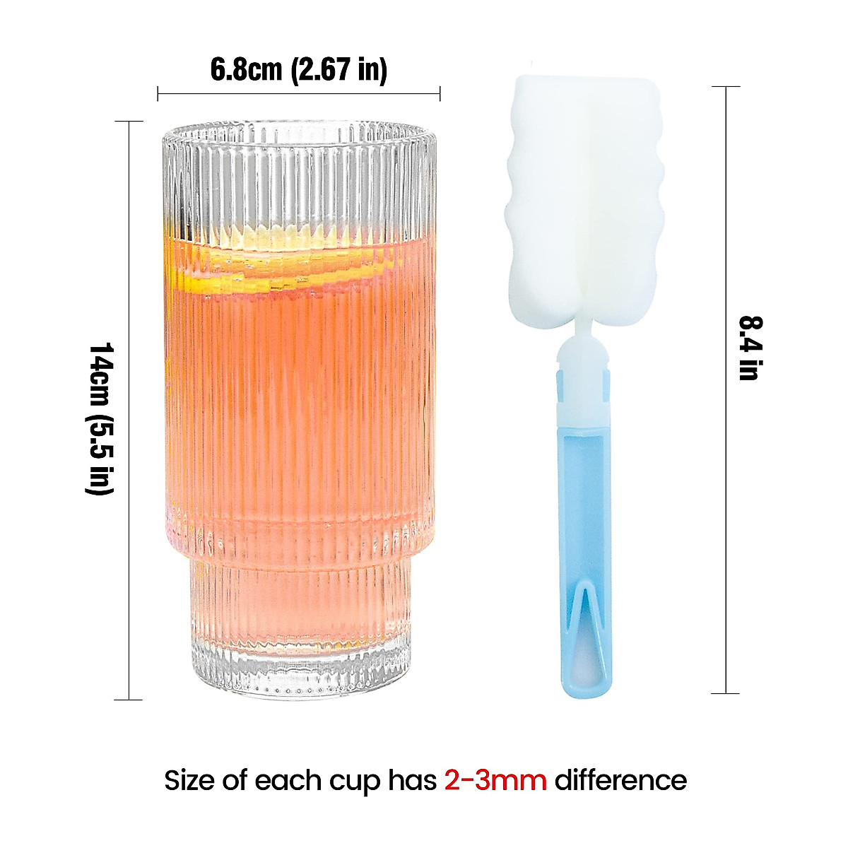 VKDONE Ribbed Glasses, Ribbed Glassware Set of 6, 12 oz Origami Style Glass Cups Vintage Glassware, Heavy, Ridged Glass for Juice, Iced Coffee, Tea, Cocktail, Whiskey, Beer