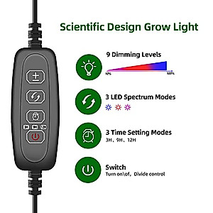 Grow Lights for Indoor Plants, Grow Light with Red Blue Full Spectrum, 3 Switch Modes LED Grow Light with Adjustable Gooseneck, 9 Dimmable Levels Plant Lights for Indoor Plants with Automatic Timer