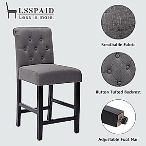 LSSPAID Bar Stools Set of 2, 24 inch Fabric Counter Height Bar Stools, Kitchen Island Wood Bar Chairs, Solid Wood Legs Barstools, Grey