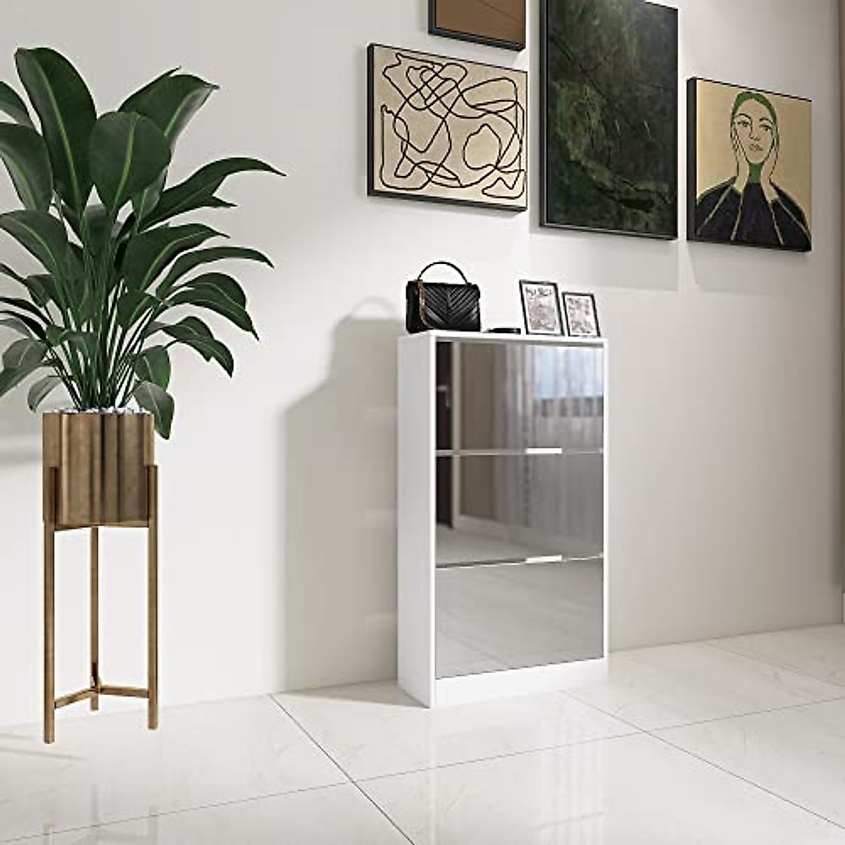 Printdraws Shoe Cabinet，Maximize Your Shoe Storage Space with 3 Rotating Drawers Shoe Cabinet with Mirror - Holds 18-24 Pairs of Shoes - Perfect Entryway or Bedroom Decor