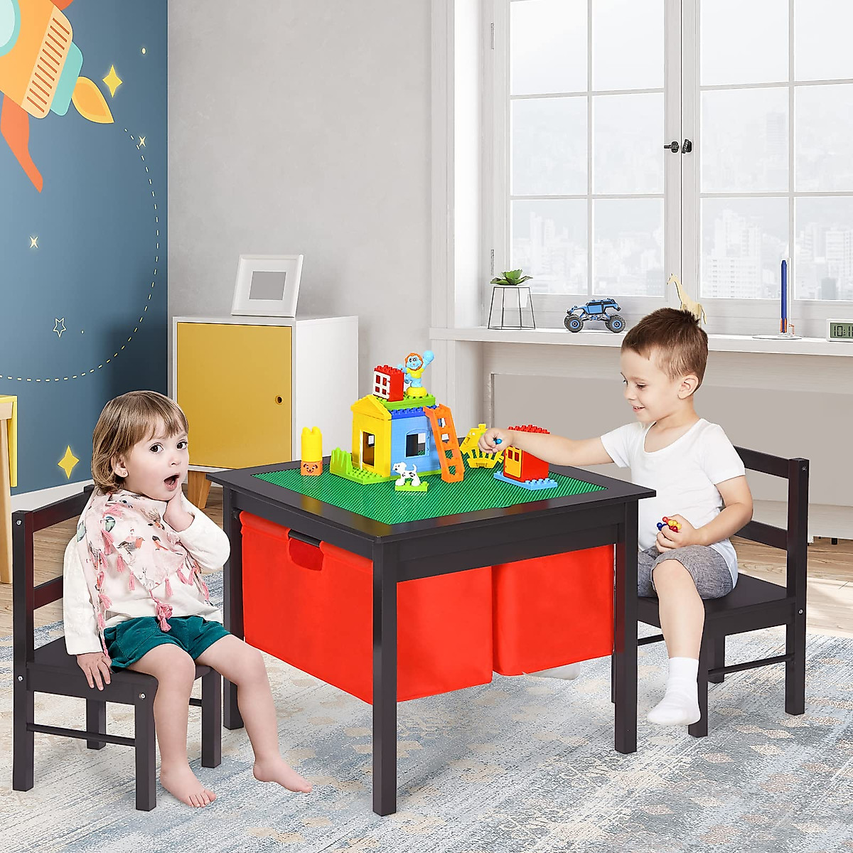 Costzon Kids Table and Chair Set, Children Wooden Activity Table w/Storage, Double-sided Building Block Tabletop, Drawer, 2 Chairs for Preschool, Nursery, Kindergarten, Toddler Table & Chair, Espresso