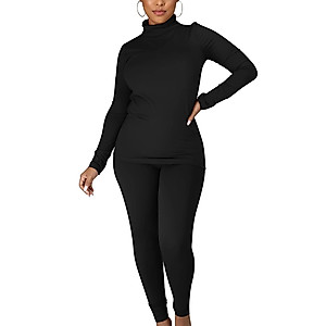 Mizoci Women's 2 Piece Outfits Workout Tracksuit Long Sleeve Turtleneck Top Legging Jogger Pants Set, X-Large, Black