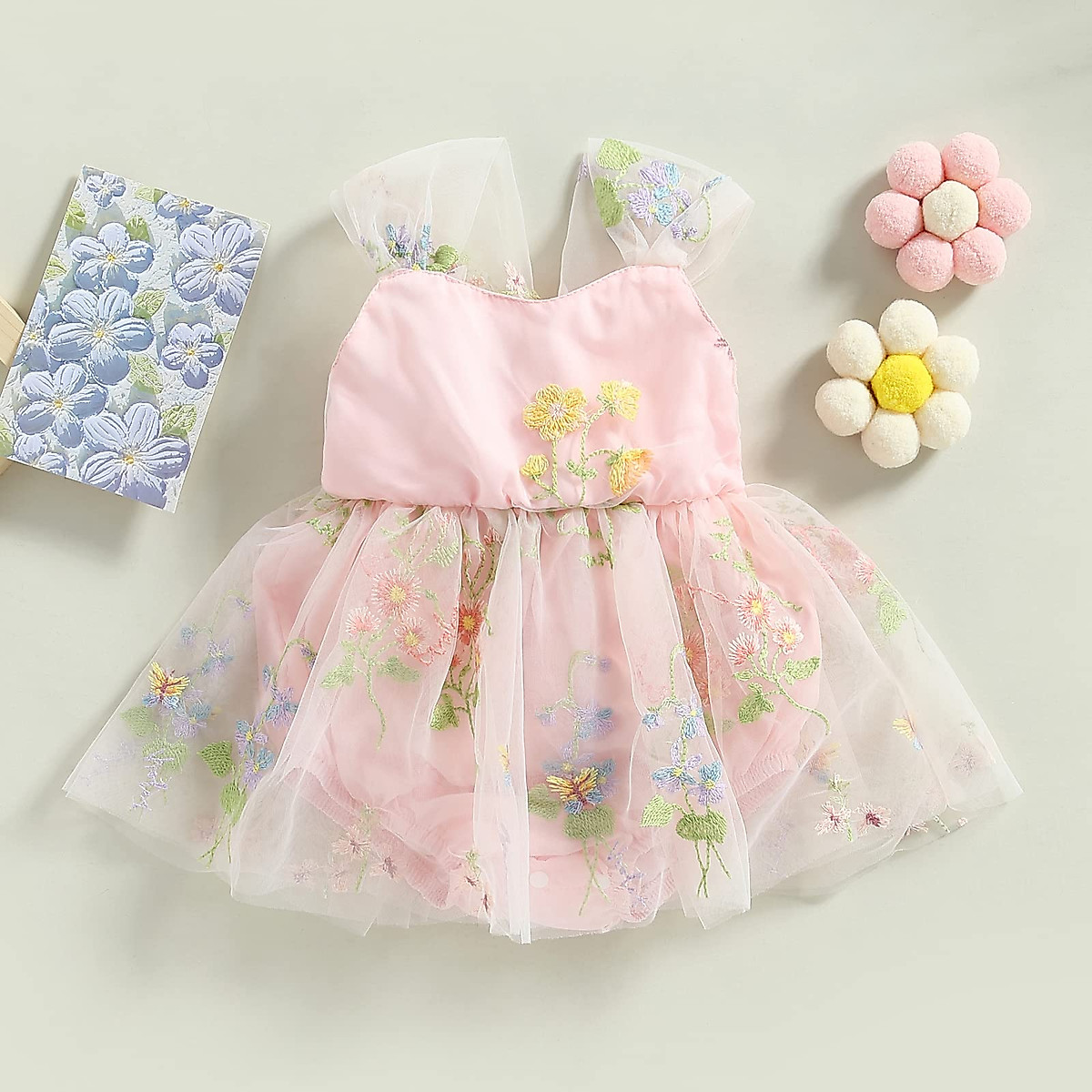 Infant Baby Girl Summer Fairy Romper Dress Adjustable Straps Backless Floral Embroidery Birthday Tutu Dress (Pink, 0-6 Months)