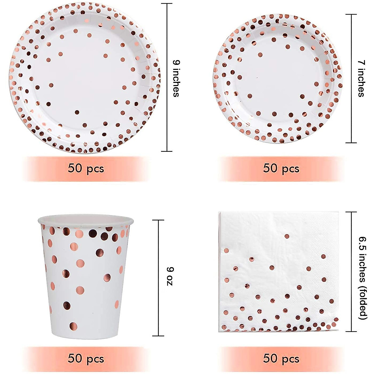 hapray 201PCS Disposable Paper Plates Rose Gold Party Supplies, Polka Dots Birthday and Baptism Decorations, include Cups, Napkins, Plastic Tablecloth, for Baby Shower