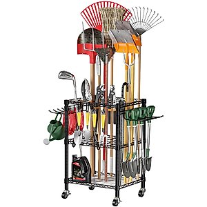 Roxibelt T1 Garden Tool Organizer（With Lockable Wheels）Heavy Duty Garage Tool Storage for Yard，Shed，Outdoor and Lawn，Freestanding Tool Organizers and Storage UP to 50 Tools，Black with Anti-Tip Device