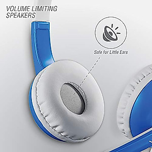 Volkano Kid-Friendly Volume-Controlled Headset, Adjustable Microphone for Elearning, Home School, 5.9 Inch Cable w/Adorable Animal Cable Protector, Smartphones, Computers [Blue] - Chat Junior Series